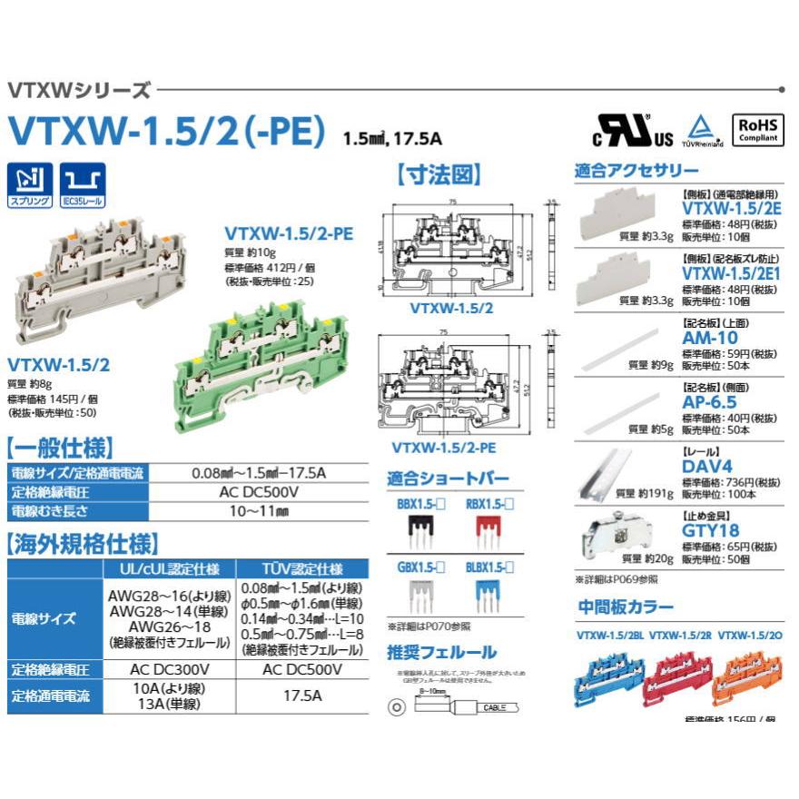 東洋技研 【 VTXW-1.5/2 】VTXWシリーズ 端子台 / レール取付型 スプリングロック式 2段端子台【50個入り】 : エヌデンサービス - 通販 - Yahoo!ショッピング
