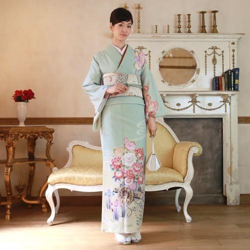 訪問着 レンタル 19点フルコーディネートレンタルセット「淡い緑色地に花車と水流」結婚式 入学式 七五三 訪問着 19点フルコーディネートレンタルセット「淡い緑色地に花車と