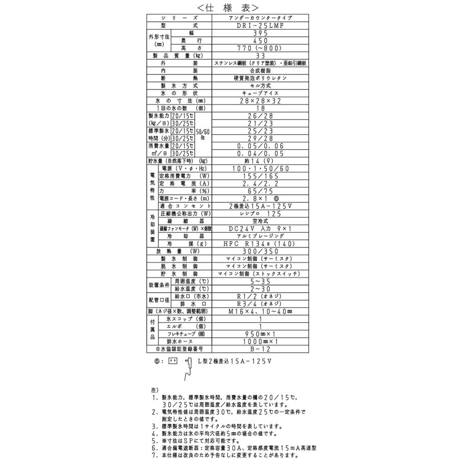 業務用製氷機 大和冷機 キューブアイスメーカー DRI-25LMF アンダーカウンタータイプ セル方式 貯氷量約14.0Kg 単相100V : 日用品・消耗品ショップなごみ - 通販 ...