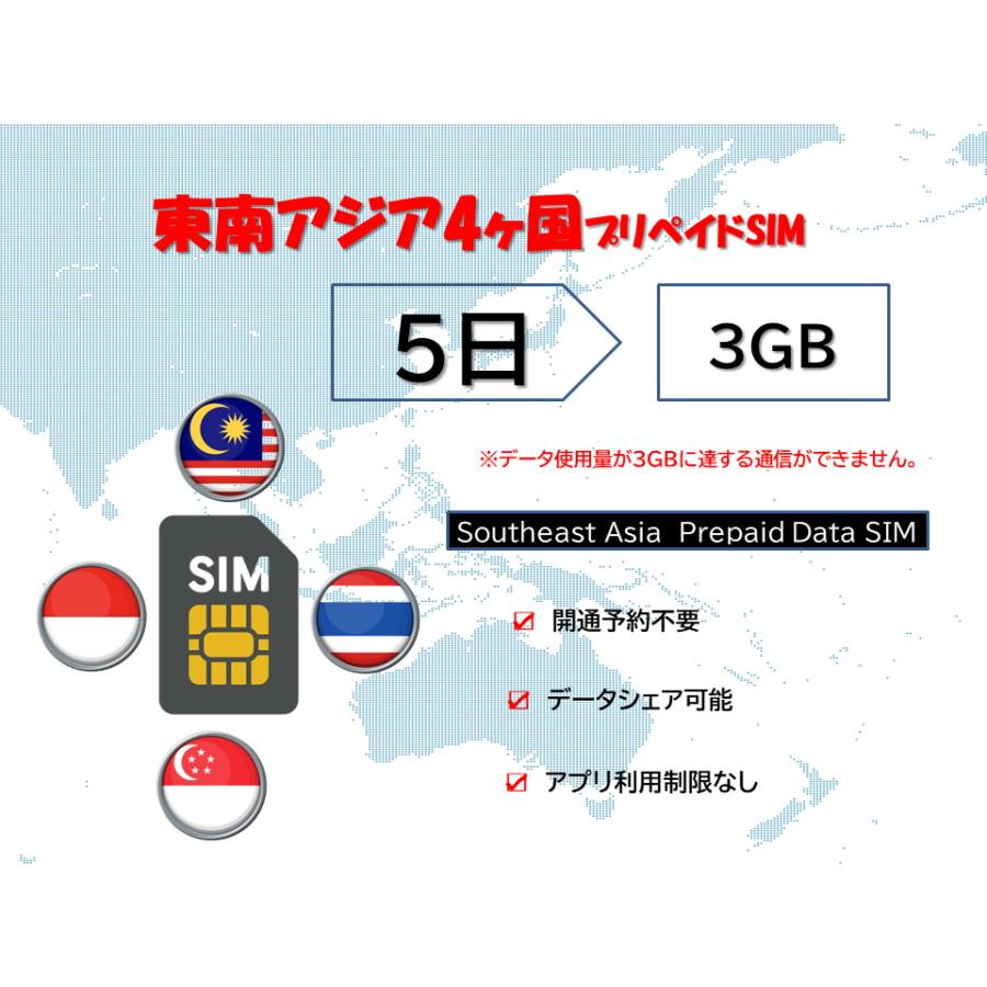 東南アジアSIM 東南アジア 4ヵ国周遊SIM プリペイドSIM SIMカード データ通信SIM 3GB 5日プラン 4G LTE データ専用 海外出張 海外旅行 短期渡航 : Nalati ...