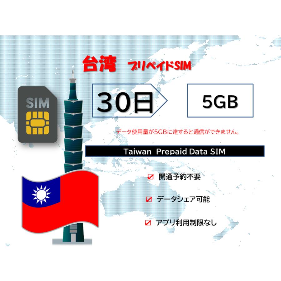 台湾SIM プリペイドSIM SIMカード データ容量5GB 30日プラン 4G/LTE対応 データ専用SIM 高速データ通信 テザリング可能 海外出張 海外旅行 短期渡航 : Nalati ...