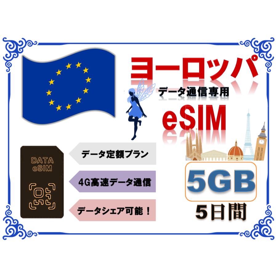 ヨーロッパ35ヶ国eSIM 海外eSIM 周遊タイプ SIMカード データ容量5GB 5日間 4G/LTE データ通信のみ可能 プリペイドeSIM テザリング可能 海外旅行/出張 : wm ...