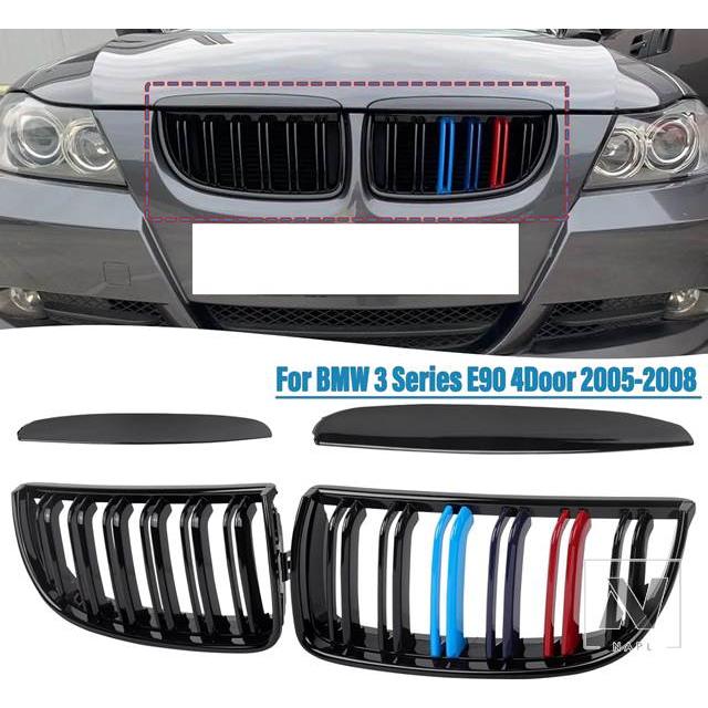 BMW 3 シリーズ E90 4DR 2005-2008 M カラーデュアルスラットフロントキドニーグリルダブルラインフロントバンパーグリル ...