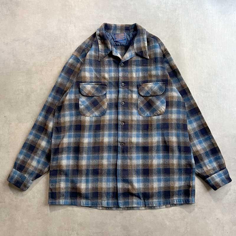PENDLETON 70'S Wool Open Collar Box Check Shirts Made in USA BLUE/MAGNUM 2XLONG 70年代 ペンドルトン ウール ...