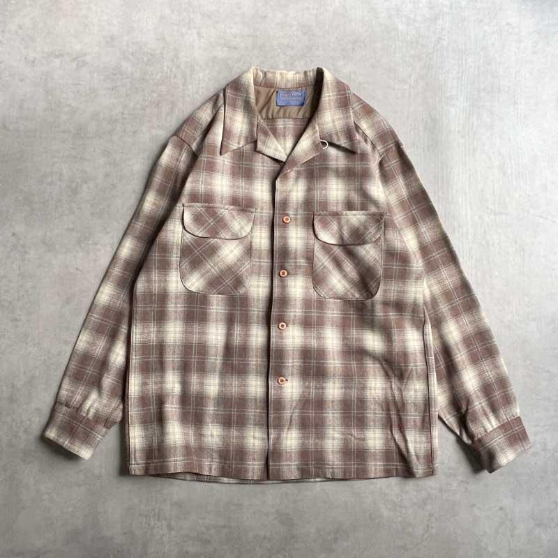 PENDLETON 70'S Wool Check Open Collar Box Shirts Made in USA BROWN/L 70年代 ペンドルトン ウール チェック オープン ...