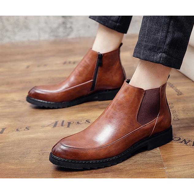 サイドジッパー付き メンズ ビジネス レザー シューズ ブラウン 革靴