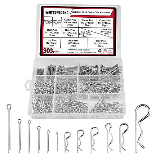 WONGONG 1サイズ 303個セット ステンレス鋼コッターピン割りピンキット 割りピン品揃えキット + 亜鉛メッキ鋼Rピン スナップピンフ ...
