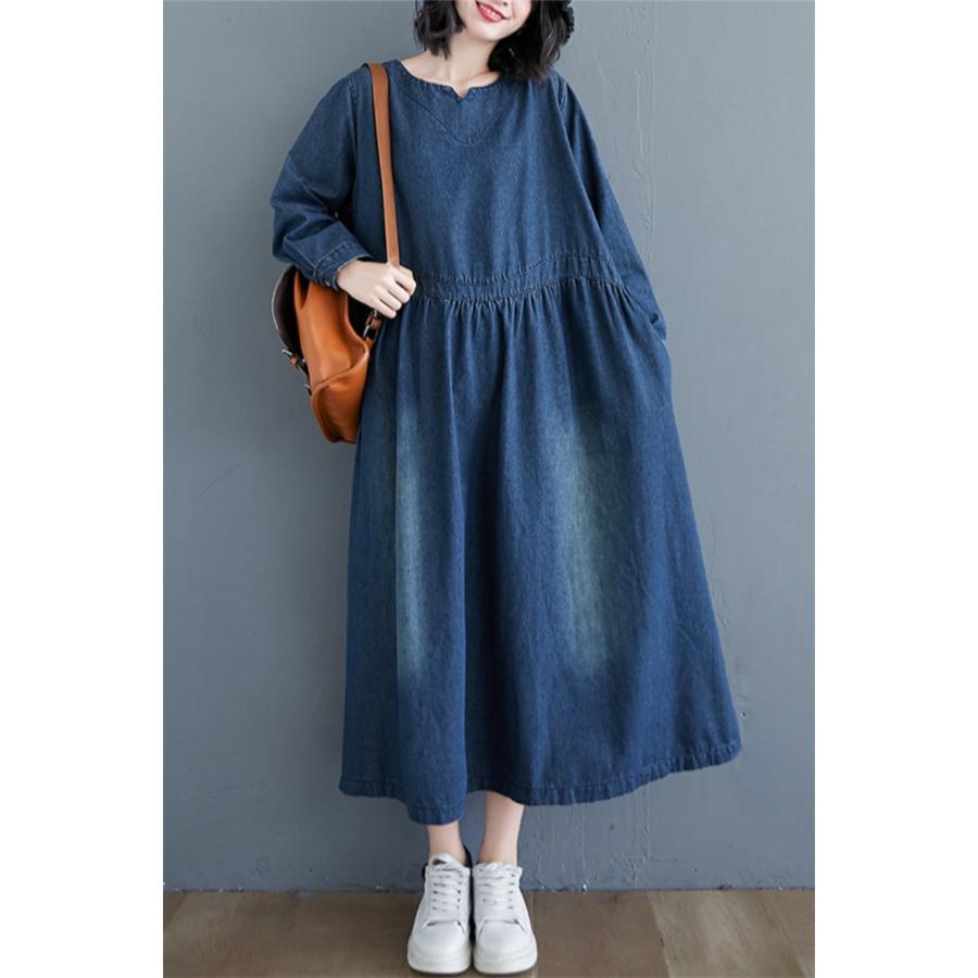 デニムワンピース レディース 40代50代 キレイめ マキシ丈ワンピ 丸首