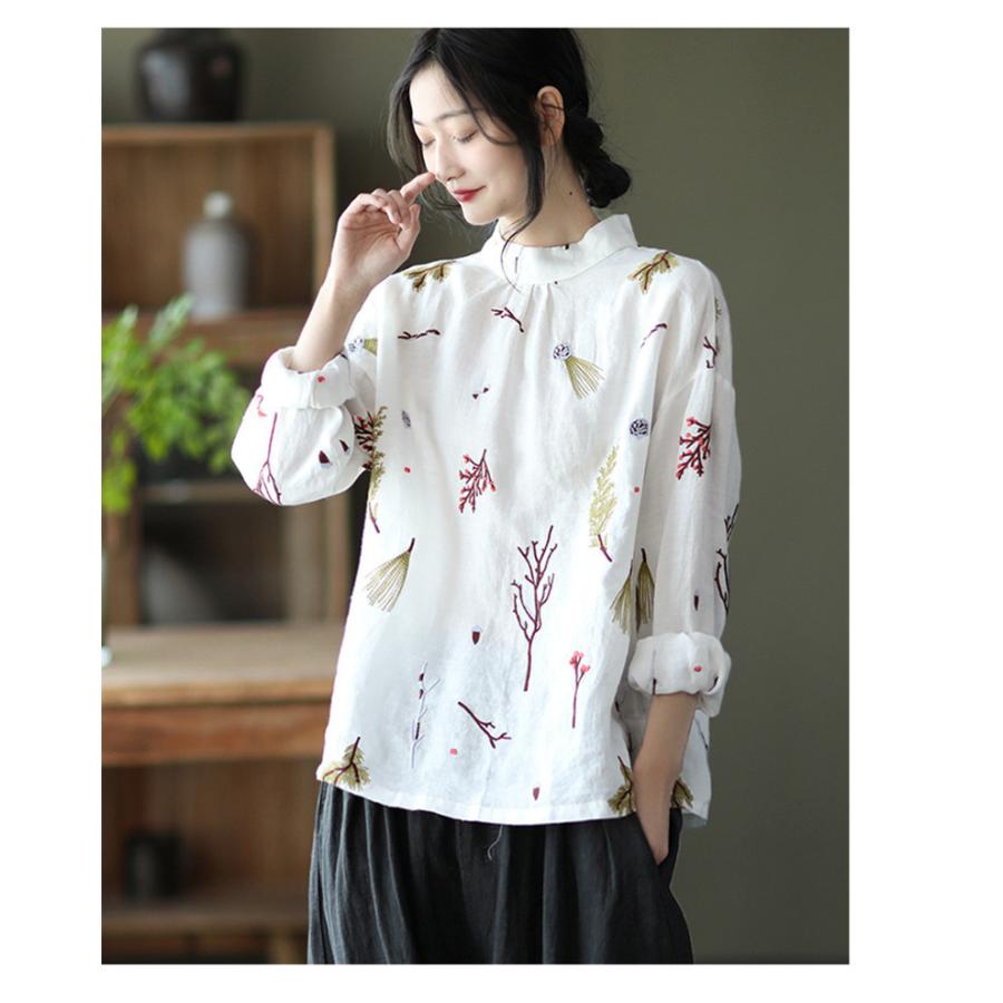 シャツ レディース トップス 花柄 長袖 刺繍 立ち襟 着まわし 春 シャツ レディース トップス 花柄 長袖 刺繍 立ち襟 着まわし 春