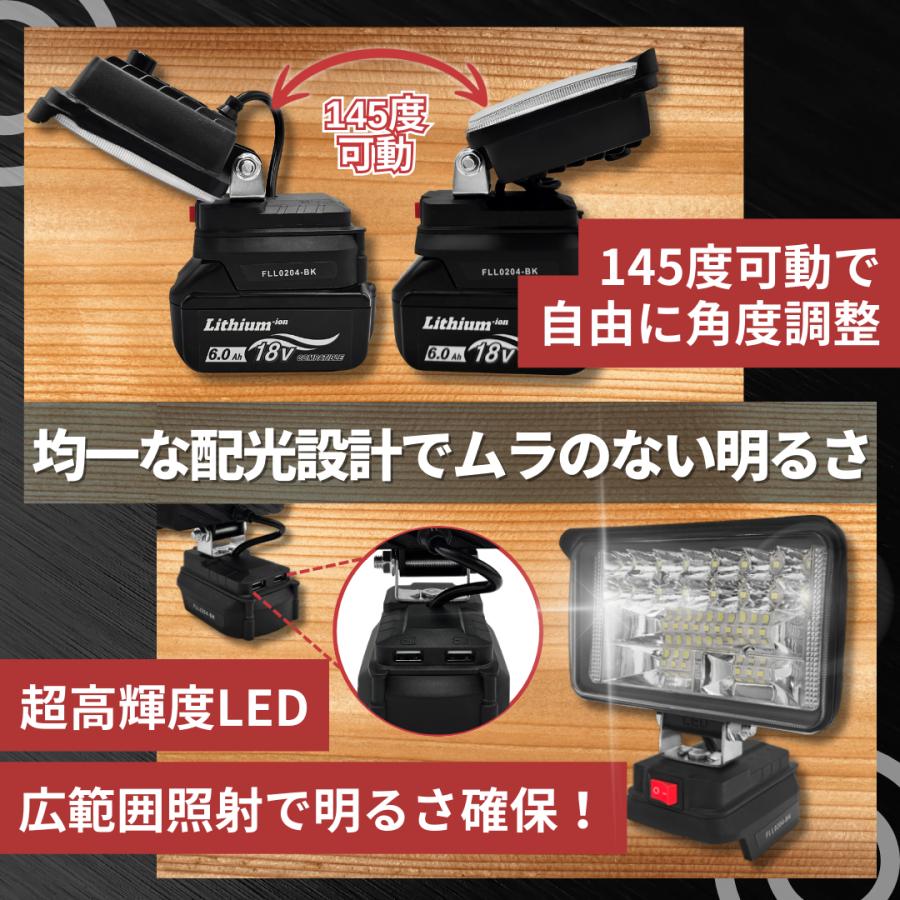 Longsafe マキタ 互換 充電式 600ルーメン LED ワークライト 18V 14.4V 作業灯 投光器 2口 USB 搭載 現場作業 アウトドア 防災用 バッテリー別売 ...