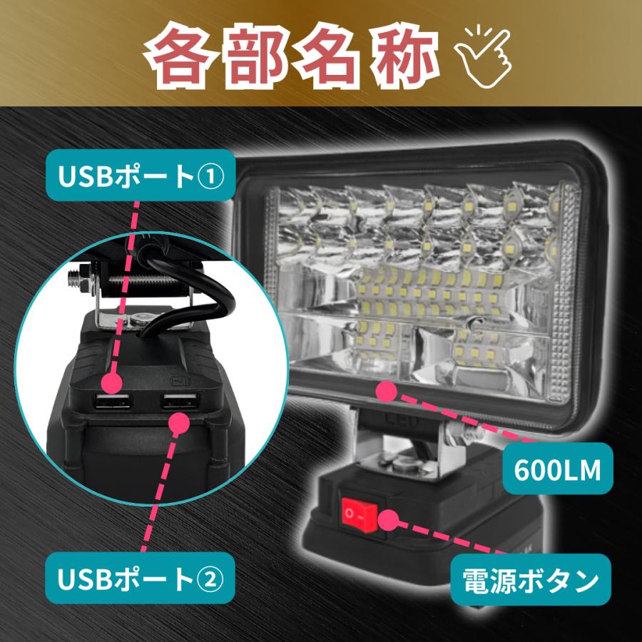Longsafe マキタ 互換 充電式 600ルーメン LED ワークライト 18V 14.4V 作業灯 投光器 2口 USB 搭載 現場作業 アウトドア 防災用 バッテリー別売 ...