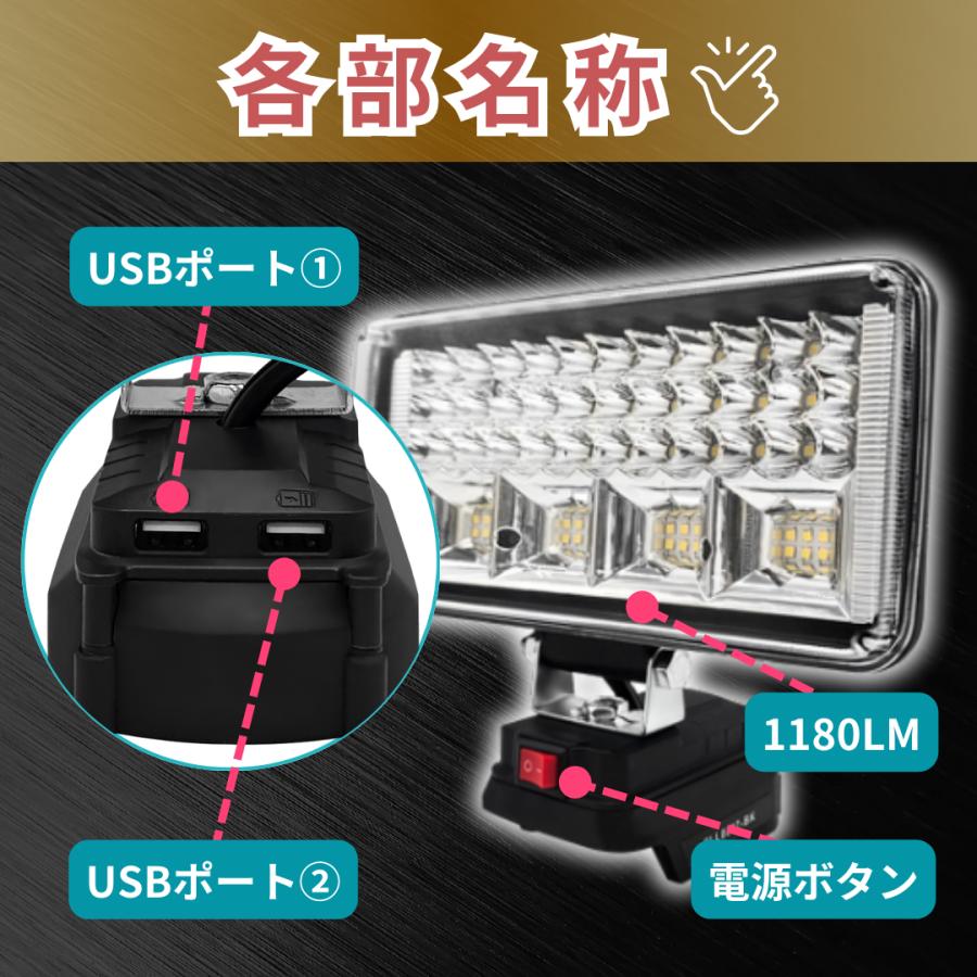 Longsafe マキタ互換 充電式 1180ルーメン LED ワークライト 18V 14.4V 作業灯 投光器 2口 USB 搭載 現場作業 アウトドア 防災用 バッテリー別売 ...
