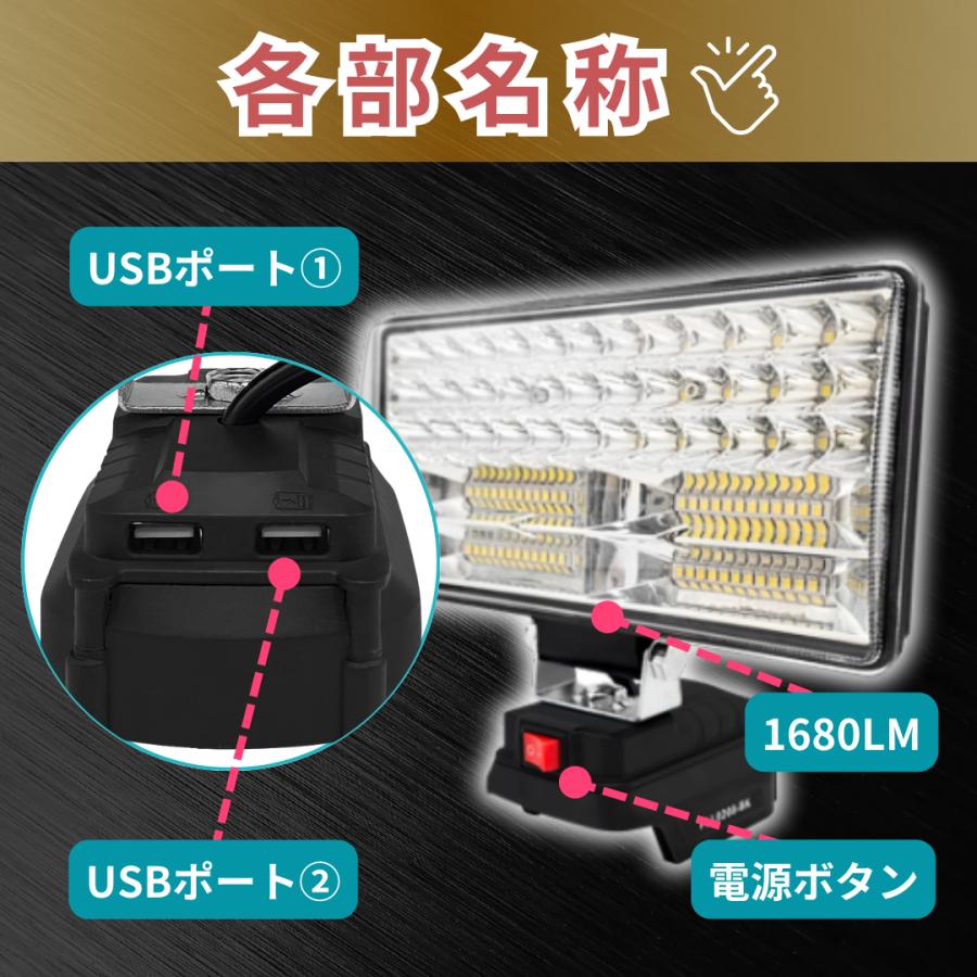 Longsafe マキタ互換 充電式 1680ルーメン LED ワークライト 18V 14.4V 作業灯 投光器 2口 USB 搭載 現場作業 アウトドア 防災用 バッテリー別売 ...