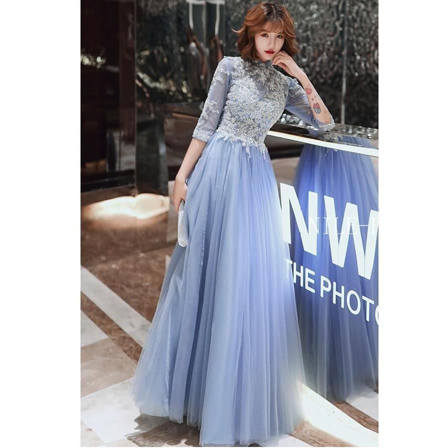 パーティードレス 10代 20代 30代40代 結婚式ワンピース ロングドレス 袖あり aライン 立ち襟 上品 お呼ばれ 食事会 二次会 披露宴 卒業式 成人式 : nile-241022 ...