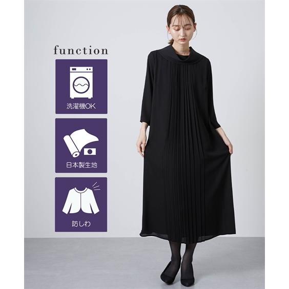 ニッセン 喪服 礼服 ブラックフォーマル ワンピース レディース 日本製生地使用 防しわロールネックフロント プリーツ デザイン 有〔Callarus〕 LL/3L nissen : ニッセン ...