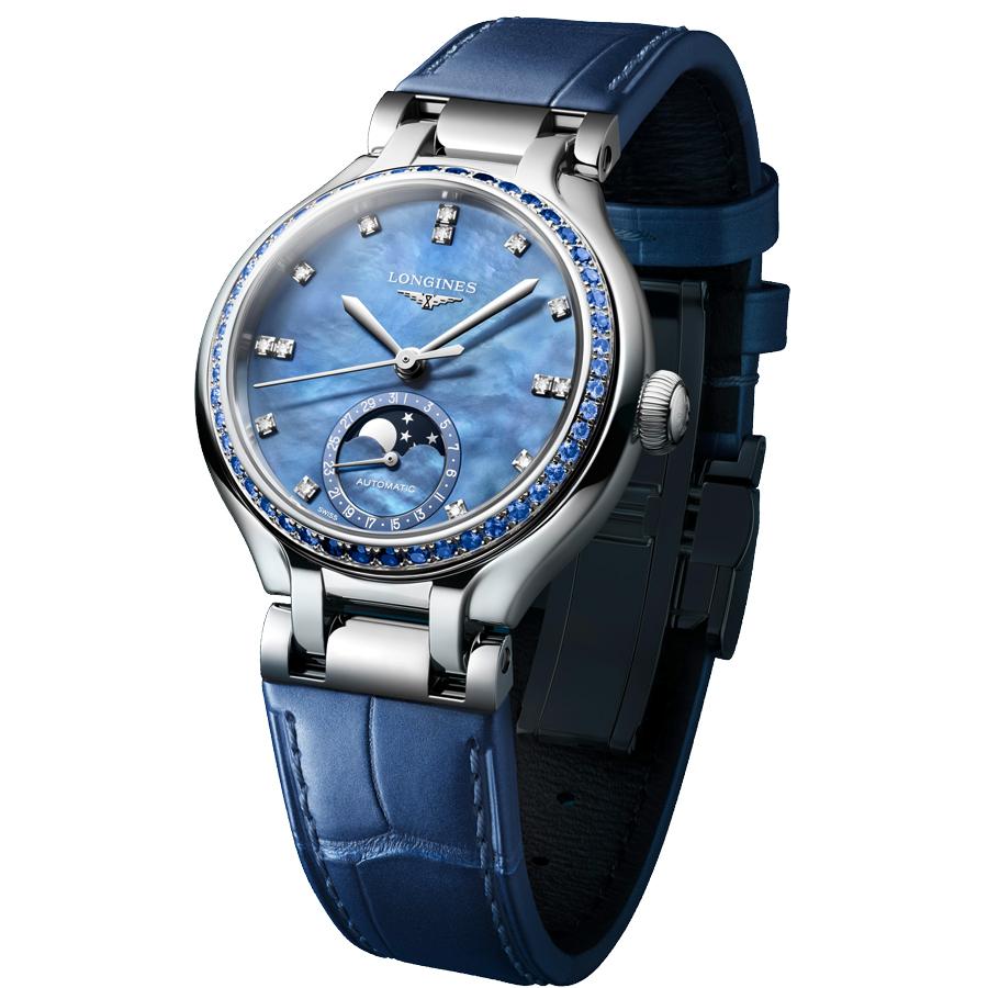 プリマルナ LONGINES ロンジン L8.126.0.97.2 ムーンフェイズ レディース 腕時計 34mm 自動巻 ブルーサファイア ...