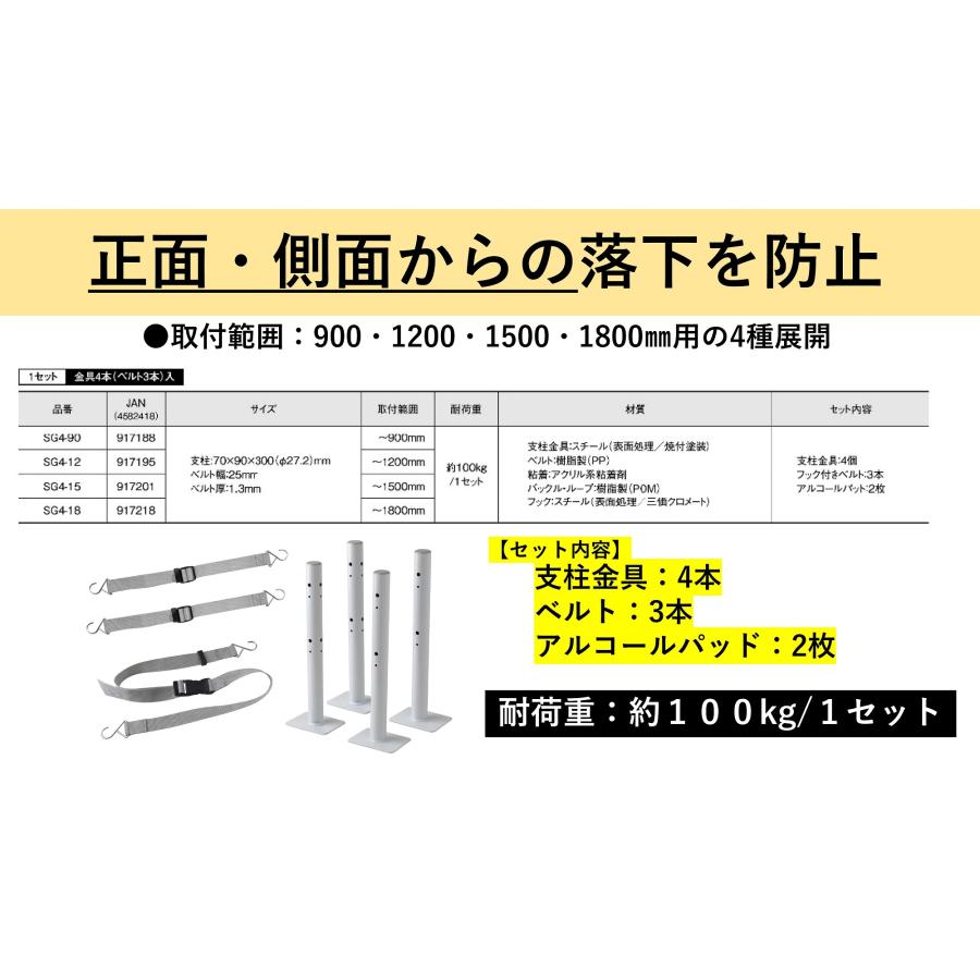 シーリングガード SG4-12 書庫・書棚上部の落下防止対策に 金具4本（ベルト3本）セット 取付範囲1200mmまで対応 防災 : KURASiTO - 通販 - Yahoo!ショッピング