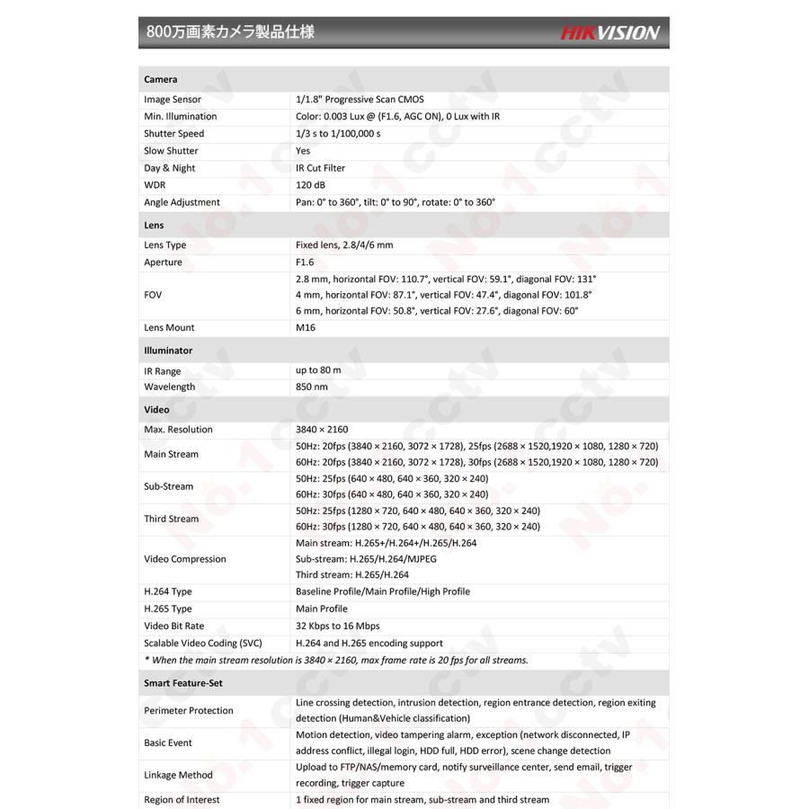 [HIKVISION] [IP-8M] 4K AI IPカメラ/DS-2CD2T86G2-4I/逆光,露出,ハイライト補正/人,車,ライン,エリア検知/80M IR/H.265+/PoE/防水 ...