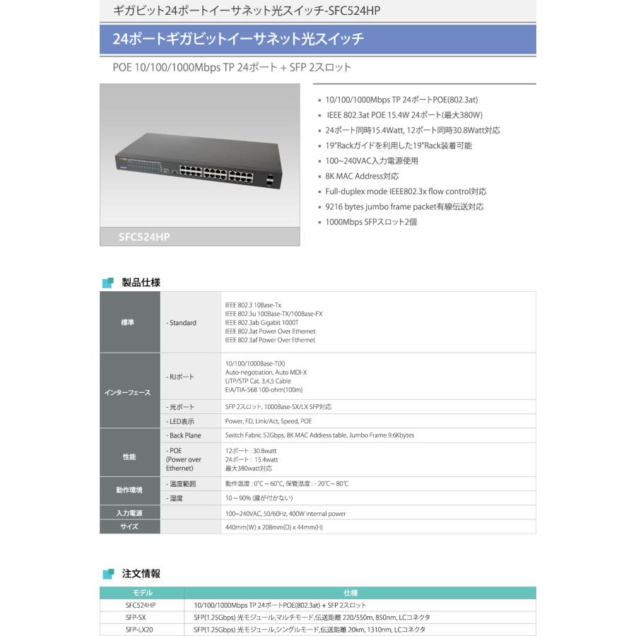 [SOLTECH] 24ポットギガビットPOE/イーサネット光スイッチハーブ/SFC524HP/1G POE 24ポット/1G SFP 2スロット/802.3af/at/最大380W : No ...