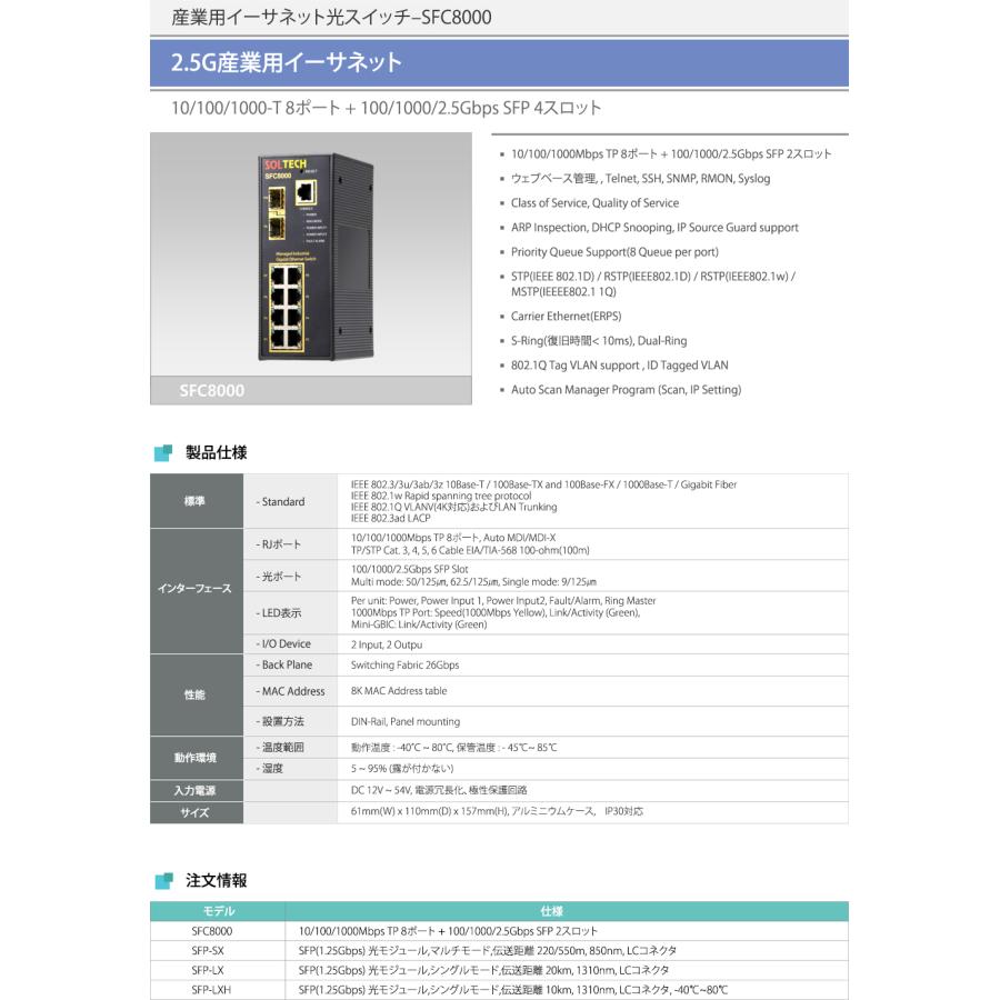 [SOLTECH] 1G UTP 8Port 2.5G SFP 2Slot POE イーサネット 光スウィッチハーブ 8port + (100/1000/2.5G) SFC8000 : No ...