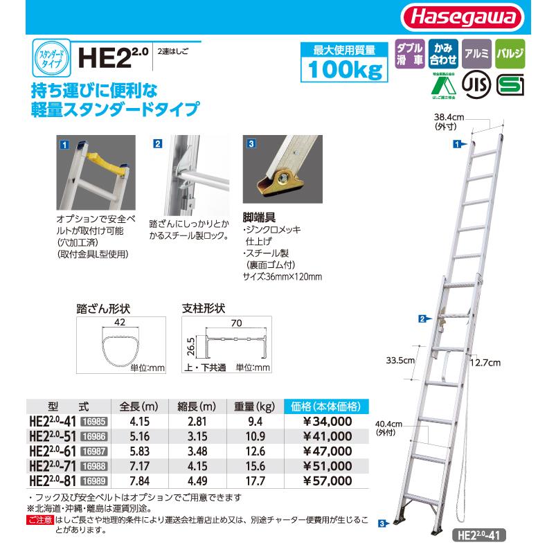 長谷川工業 2連はしご HE2 2.0-81 全長：7.84m 最大使用質量：100kg ハセガワ : t109-he2-2-0-81 : はしごと脚立のノボッテ - 通販 - Yahoo ...