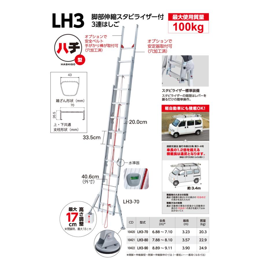 長谷川工業 2連はしご スタビライザー付 ラクノリ LH2-54 全長：5.18〜5.40m 縮長：3.2m 質量：13.4kg 最大使用質量100kg ハセガワ : はしごと脚立のノボッテ ...