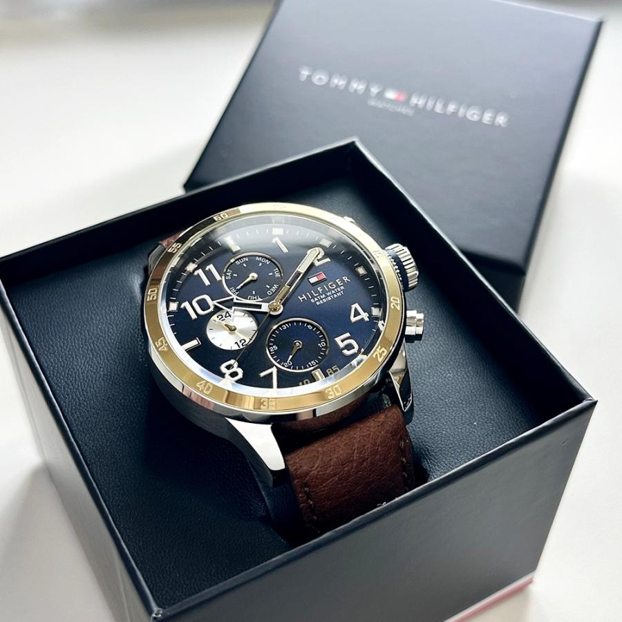 TOMMY HILFIGER トミーヒルフィガー メンズ TRENT マルチファンクション 46mm シルバー ゴールド ブラウン レザー ...