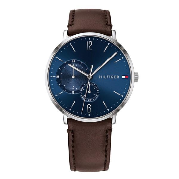 TOMMY HILFIGER トミーヒルフィガー メンズ マルチファンクション シルバーケース ブルー×ダークブラウン レザー 革ベルト 腕 ...