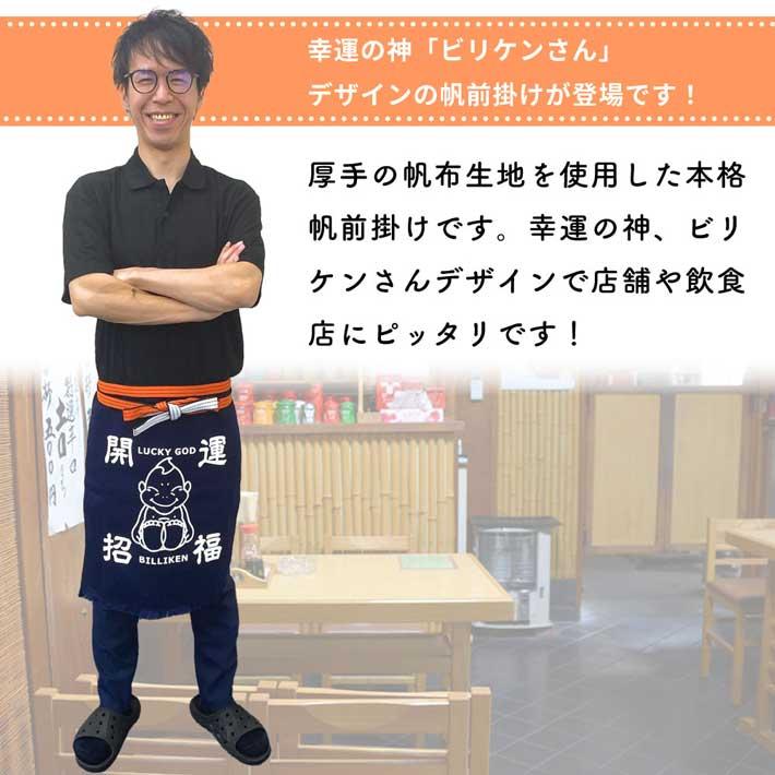 のれん工房 帆前掛け ビリケンさん 幅46 丈52cm エプロン 前掛け 縁起物 店舗用 飲食店 居酒屋 業務用 商売繁盛 紋風 開運招福 紺(99689 99690 99691) : のれん ...