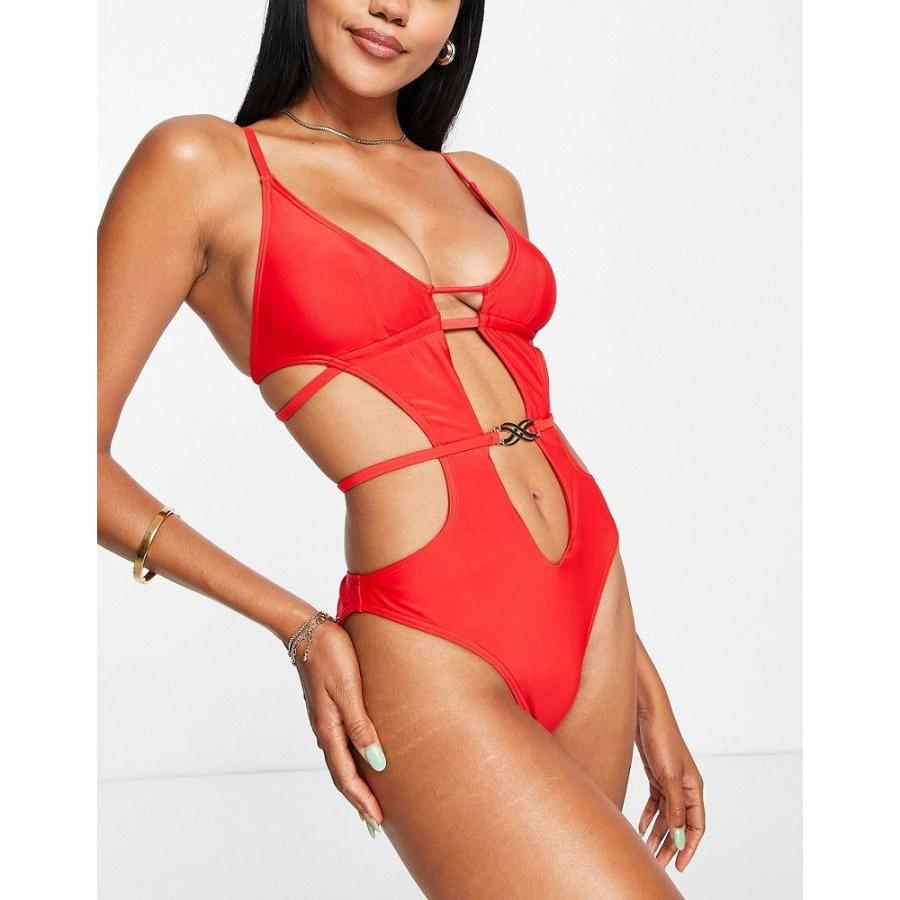 エイソス (ASOS DESIGN) レディース ワンピース 水着・ビーチウェア Asos Design Cut Out Plunge Swimsuit With Trim Detail In ...
