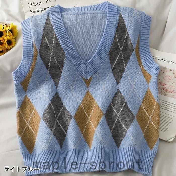 ニットベスト ニット レディース チェック柄 アーガイル 前開き トップス 韓国 部屋着 春ニット ^t890^990均一 : NUMAQLO - 通販 - Yahoo!ショッピング