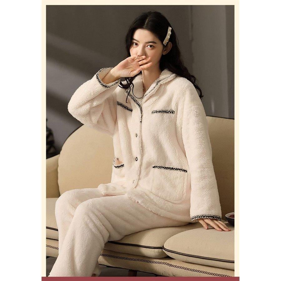 もこもこ パジャマ レディース 冬 前開き フリース 可愛い テーラード 冬用 ホワイト 暖かい ルームウェア 大きいサイズ セットアップ 上下セット S M L LL 3L ...