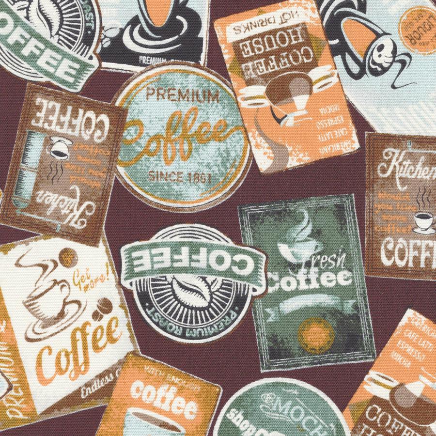 FUWARI 染布 オックス Cafe Sign カフェ看板 ブラウン系地 4色 1m単位 生地 布 布地 コーヒー 看板 レトロ コーヒーカップ 柄 英字 アルファベット : 生地商フエンツ ...