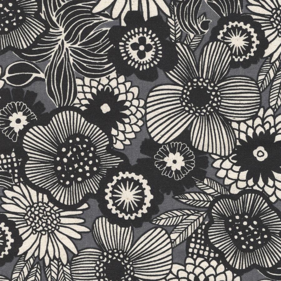 FUWARI 染布 綿麻キャンバス ノルディック フラワー グレー系地 7色 1m単位 生地 布 布地 モノトーン 北欧 北欧風 花 花柄 キャンバス 綿麻 リネン コットン : 生地商フエン ...