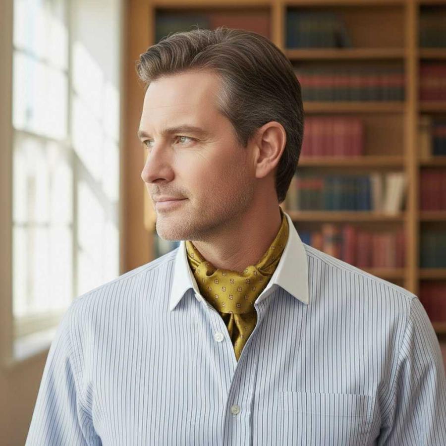 メンズ シルク アスコット ふくろう スカーフ （イタリア マレリー社 ネクタイ） ・ゴールド   日本製  ラッピング無料 メンズ シルク アスコット ふくろう スカーフ （イタリア マレリー社