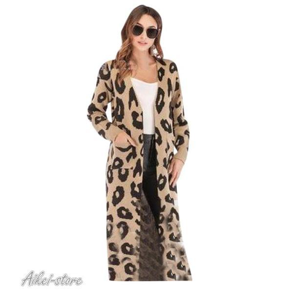 長袖カーディガン ニットカーディガン ヒョウ柄 トップス ロング丈 ミドル丈 レディース 秋冬 ポケット付き ニット クリスマス トナカイ ...