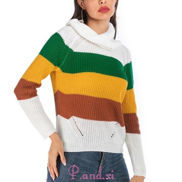 「爆買」セーター 長袖 タートルネック ニット トップス レディース 女性 婦人服 オフタートル ボーダー柄 おしゃれ かわいい カジュアル ...