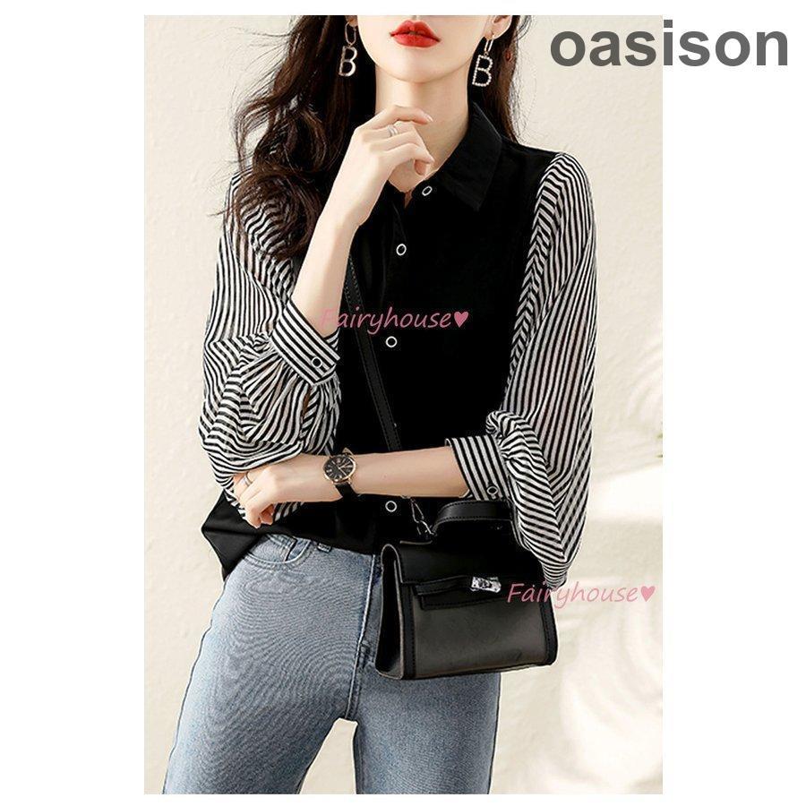 ブラウス レディース 長袖ブラウス 秋服 オフィスブラウス ストラップ柄切り替え オシャレブラウス シフォントップス 韓国風 大人 ゆったりシャツ 40代 : Oasis On - 通販 ...