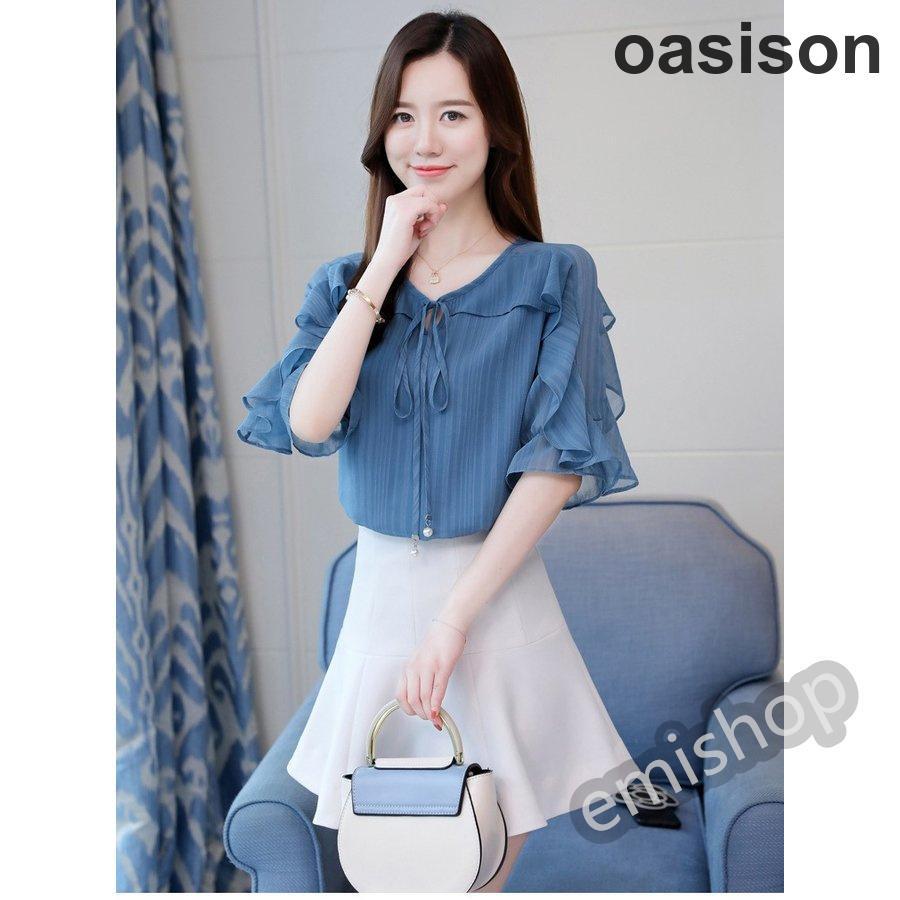 ブラウス レディース シフォン 夏 フレア袖 韓国風 リボン付き 着痩せ シャツ ブラウス フリル オシャレ ゆったり オフィス 通勤 シャツ :y0922-er191:Oasis On ...