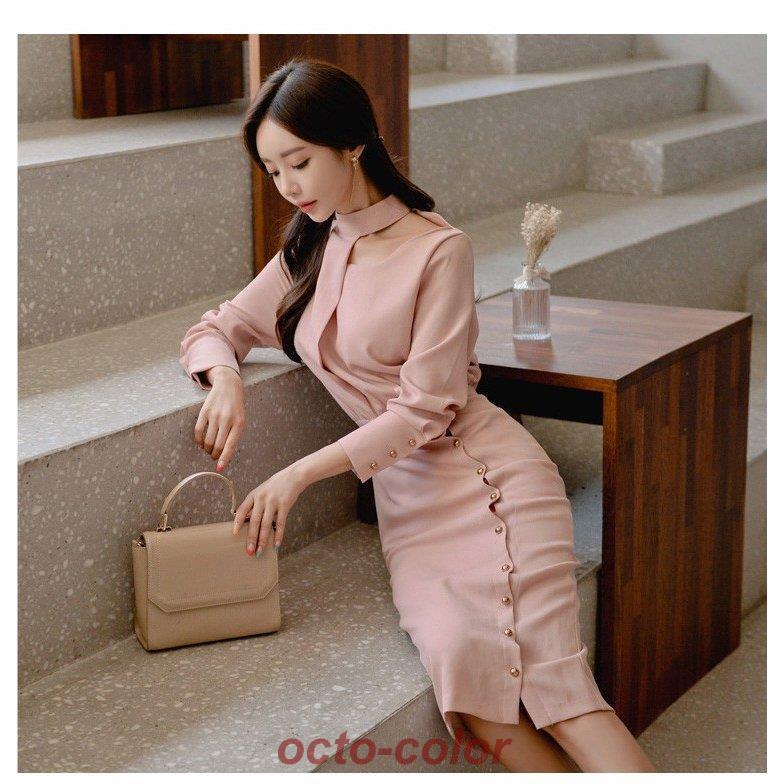 膝丈ワンピース レディース 30代 40代 お洒落 タイトワンピース 高襟