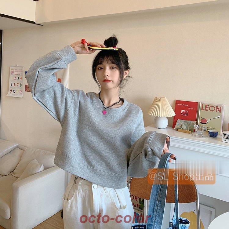 スウェット レディース 長袖 トップス 秋 トレーナー ショート丈 ラウンドネック ボリューム袖 薄地 無地 おしゃれ カジュアル 2022 秋新作 :oc-0926-1wy374:octo ...