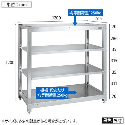 サカエ ステンレスラック 固定式 4段 耐荷重250kg/段 SUS430 幅1200×奥行615×高さ1200mm SLN-1234SU4 ...
