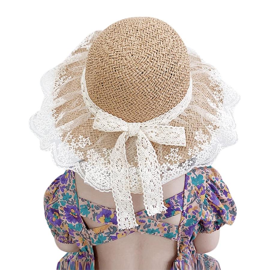 麦わら帽子 キッズ UVカット帽子 つば広ハット 日よけ帽子 レース リボン付き 可愛いサンハット あごひも付き 2-4歳女の子 バイザー アウトドア 旅行 ビーチ 海 ...