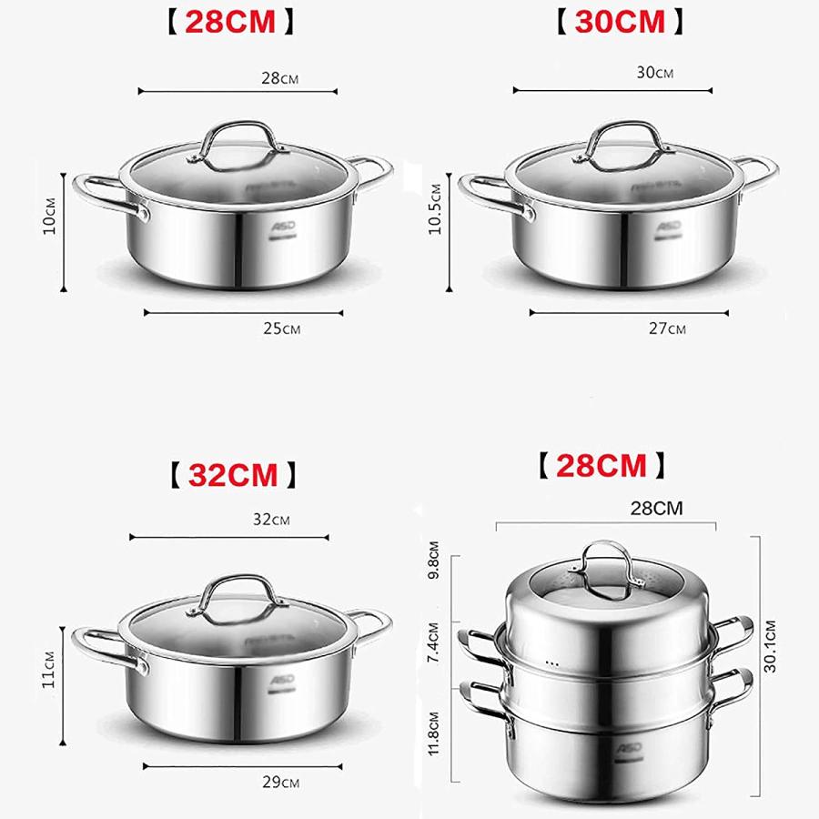 蒸しもの鍋/蒸鍋/蒸し器，28/30/32cmステンレススチール 蒸し器 鍋/スープポット 304ステンレススチール 厚みのある大容量 IH調理器 鍋 しゃぶしゃぶ ...