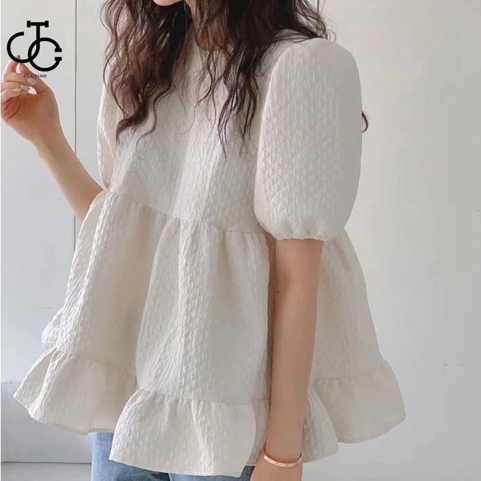 ジャガードブラウス エンボス加工 Aライン 裾フリル tシャツ カットソー ブラウス バルーン袖 半袖 無地 トップス 春 夏 レディース フレア ...