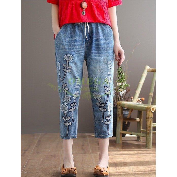 デニムクロップドパンツ タンポポ刺繍レディースデニムパンツ デニムクロップドパンツ タンポポ刺繍レディースデニムパンツ