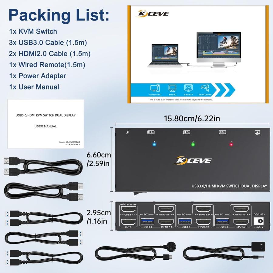 KCEVE HDMI USB3.0 KVM切替器 4K@60Hz 2K@120Hz デュアルモニタ 4つのUSBポート EDID保持 1 : ワントゥデイ - 通販 - Yahoo!ショッピング