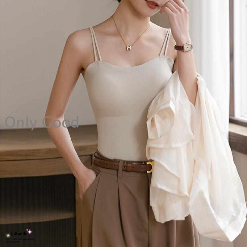 ダブルストラップ カップ付きキャミソール キャミ キャミソール カップ付き ブラトップ 細ストラップ ナローストラップ ブラ リブ レディース インナー トップス :ff088-mhg13 ...