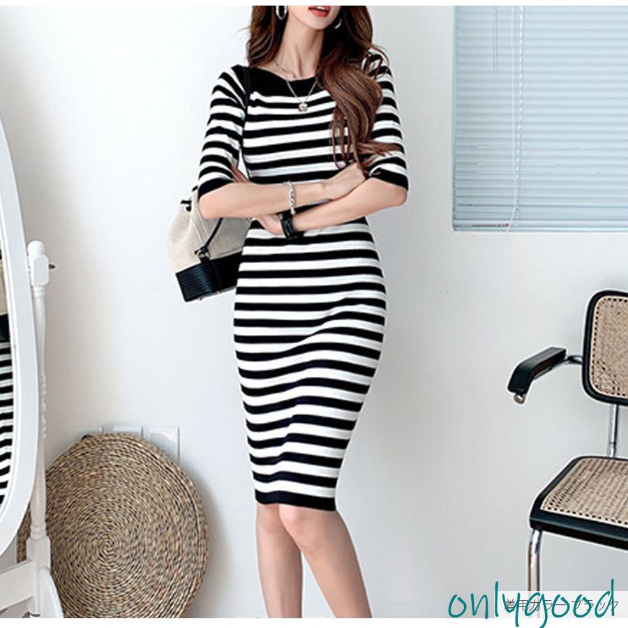 ニットワンピース ボーダー 五分袖 膝丈 サマーニット ボートネック タイト 大人かわいい 春 夏 秋 新作 ブラック ホワイト フリーサイズ 9269 : Only Good - 通販 ...