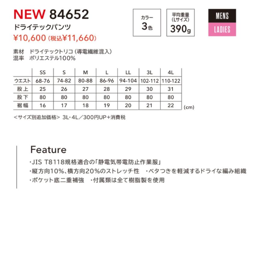 藤和 TS DESIGN 84652 ドライテックパンツ ティーエスデザイン SS〜4L 軽量 帯電防止 男女兼用 (すそ直しできます) : 作業服 キノウェアショップ - 通販 ...